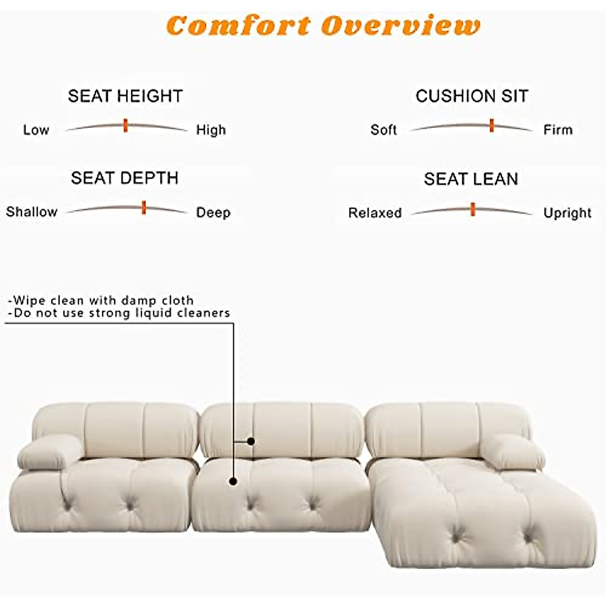 MGH Convertible Modular Minimalist Sofa with Ottomans, L-Shaped Velvet Sectional Couches, 4-Seat Sofa with Reversible Chaise for Living Room (Beige)