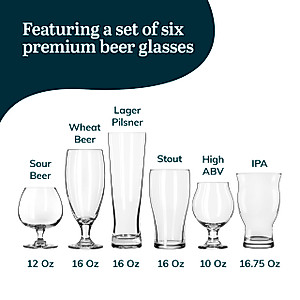 Libbey Craft Brews Assorted Beer Glasses Set of 6, Versatile, Premium Beer Glass Set, Craft Beer Glasses for Pilsner, Stout, Lager, IPA & More