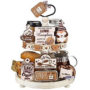 14 Pieces Coffee Tiered Tray Decor Set Coffee Theme Tiered Tray Decor Coffee Wood Signs Coffee Sign Rustic Trays Decor for Summer Home Kitchen Table Decor