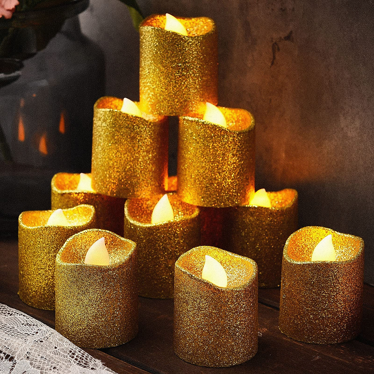 Honoson 24 Pack Gold Candles Party Decoration Flameless Candles LED Tea Light Candles Battery Operated Candle Fake Candle for Halloween Christmas Valentine's Day Diwali Wedding Table Decor