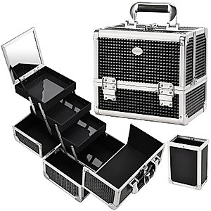 Joligrace Makeup Box Organizer Large Makeup Case 3-Tray with Mirror Carrying Make-up Train Case with Brush Holder Locking Portable Cosmetic Travel Storage Shiny Black