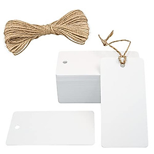 Kraft Gift Tags,100 PCS White Kraft Paper Gift Tag with 100 Feet Jute Twine String, Rectangle Christmas Gift Tags 3.5” x 1.7”