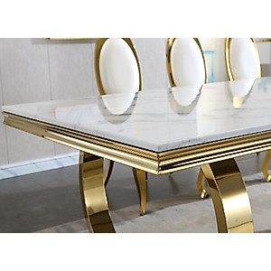 SSLine Modern White Marble Dining Table for 6-8 Rectangle 70" Faux Marble Kitchen Table for 6 Luxury Dining Room Table with Gold Mirrored Stainless Steel U Shape Pedestal Base for Home Office