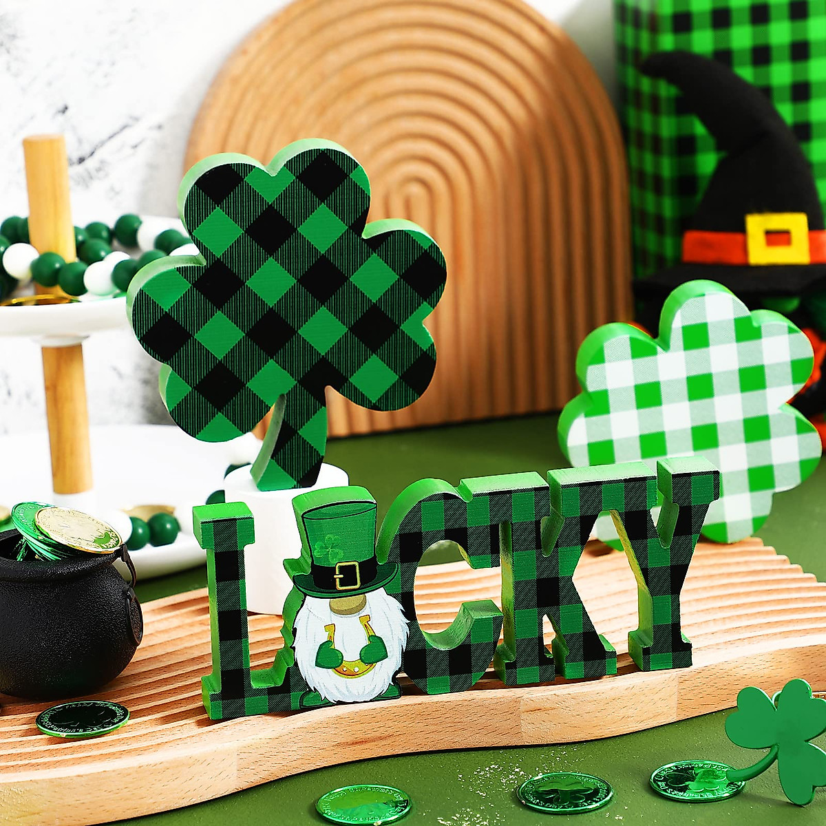 3 Pieces St. Patrick's Day Table Wooden Signs, Shamrock Tiered Tray Decor Lucky Table Decor Irish Freestanding Tray Tabletop Decorations for Home Decor Party Decoration