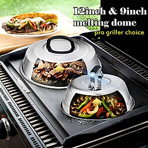 Professional Melting Dome Lid Set of 3, Leonyo 12"- 9" Metal Steam Basting Cover for Griddle Grill Top, Stainless Steel Griddle Accessories for BBQ Flat Top Kitchen Cooking Burger Cheese, Heat Proof