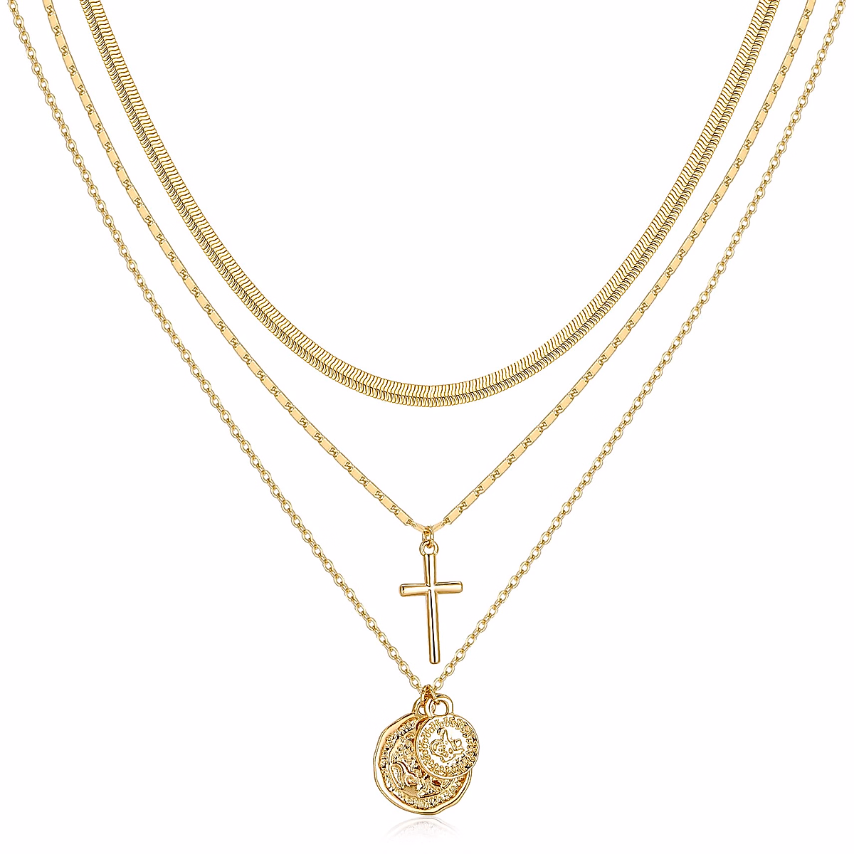 NUZON Gold Layered Necklace for Women 18K Gold Plated Chain Choker Cross Coin Pendant Necklace Simple Cute Jewelry