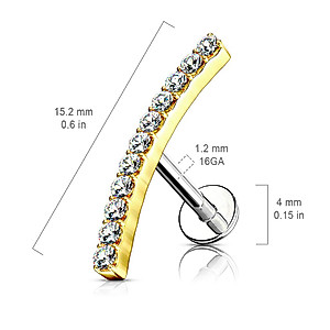 Pierced Owl 16GA 316L Stainless Steel Vintage CZ Crystal Paved Curve Top Internally Threaded Stud (Silver Tone)