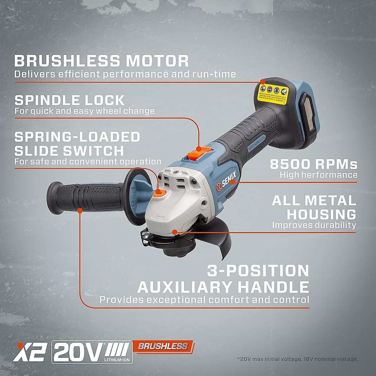 SENIX X2 20 Volt Max* 4-1/2-Inch Brushless Angle Grinder Tool, 8500 RPM Max, 3-Position Auxiliary Handle, Spring-Loaded Safety Slide Switch, 2.5 Ah Battery and Charger Included (PAX2115-M2)