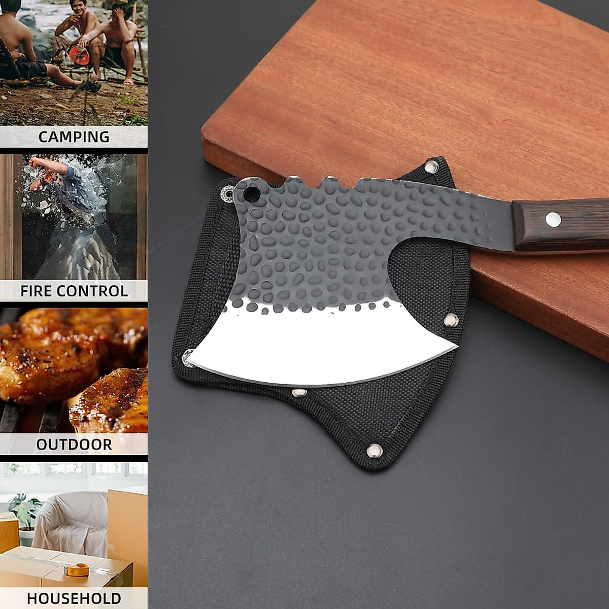 Veisky Handmade Meat Cleaver Axes Shape Forged Heavy Duty High Carbon Butcher Knife Boning Breaker Chopper Cutting Chef Knife with Cover for Kitchen (BLACK)