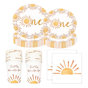 First Trip Inspired Around The Sun Birthday Decorations 102pcs Boho One Sun 1st Birthday Paper Plates Napkins Cups and Table Cloth You Are My Sun Sunshine Party Supplies Boho One Sun 1st Birthday Decoration