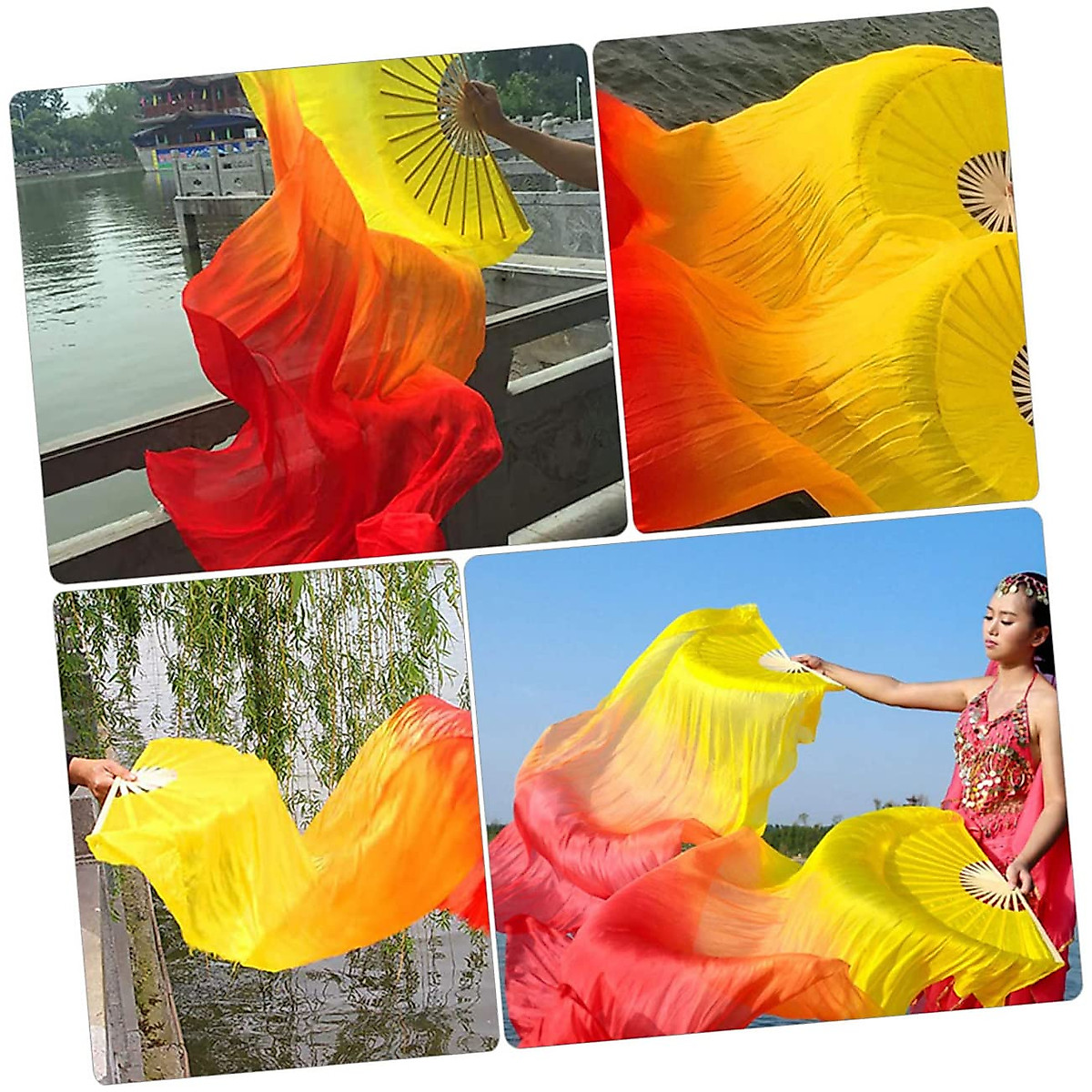 RAZZUM Kids Square Practice Women Lengthen Long Chinese Silk Praise Veil Streamer for Faux Perfomance Fans Morning Yangko Dance Simulation Supplies Flag Folding Props Veils M Decorative Fan