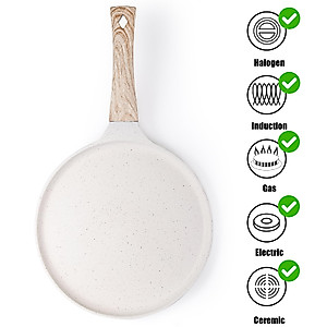Hiceeden Nonstick Crepe Pan with Spreader, 10-Inch Tortilla Pan with Detachable Handle, Ceramic Coating Pancake Griddle Pan Dosa Tawa Pan, for All Stove, Induction Compatible, PFOA Free (White)