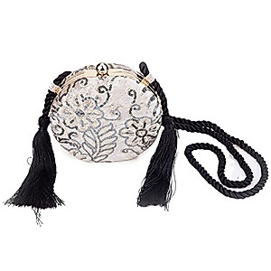 Fawziya Evening Clutch Sequin Embroidery Tassel Round Velvet Medium Novelty Purses For Women Crossbody-Beige
