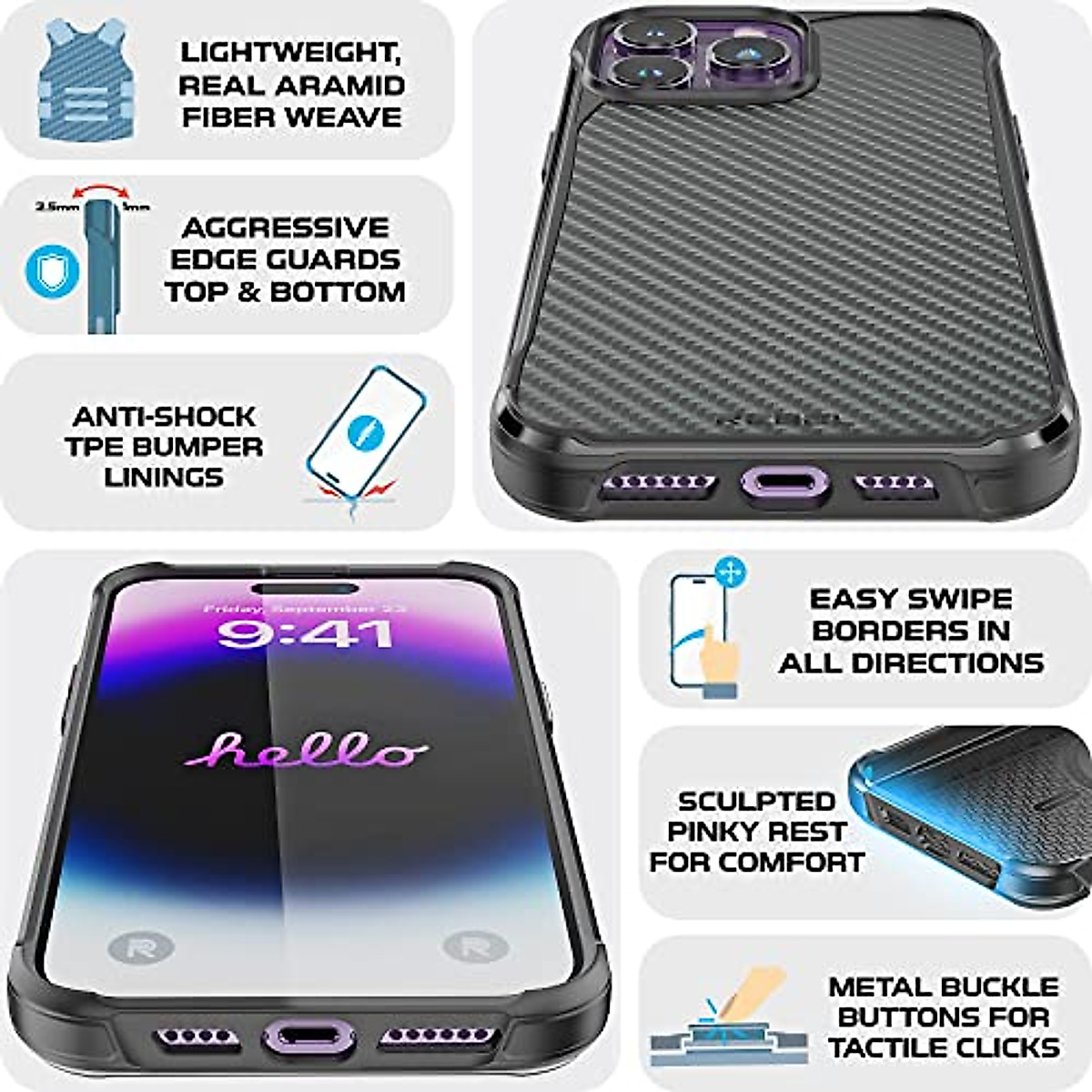 REBEL Phone iPhone 14 Pro Max Case Series GEN-4 Aramid Fiber, Strong MagSafe Compatible, Protective Shockproof Corners, Metal Buttons, Upgraded Slim Case for iPhone 14 Pro Max 6.7 2022 (Black)