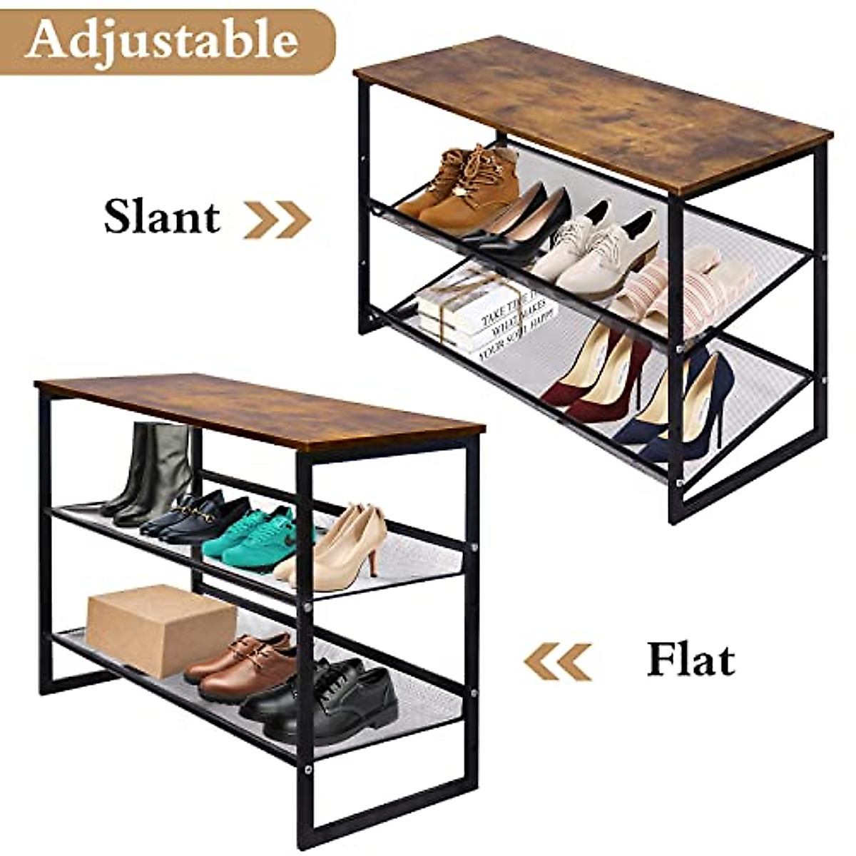 Garden 4 you 3-Tier Tilting Adjustable Freestanding Shoe Rack 6-Pairs 25.2 in Length for Durability and Stability for Entryways, Hallways, Closets, Dormitory Rooms, and Industries，Brown
