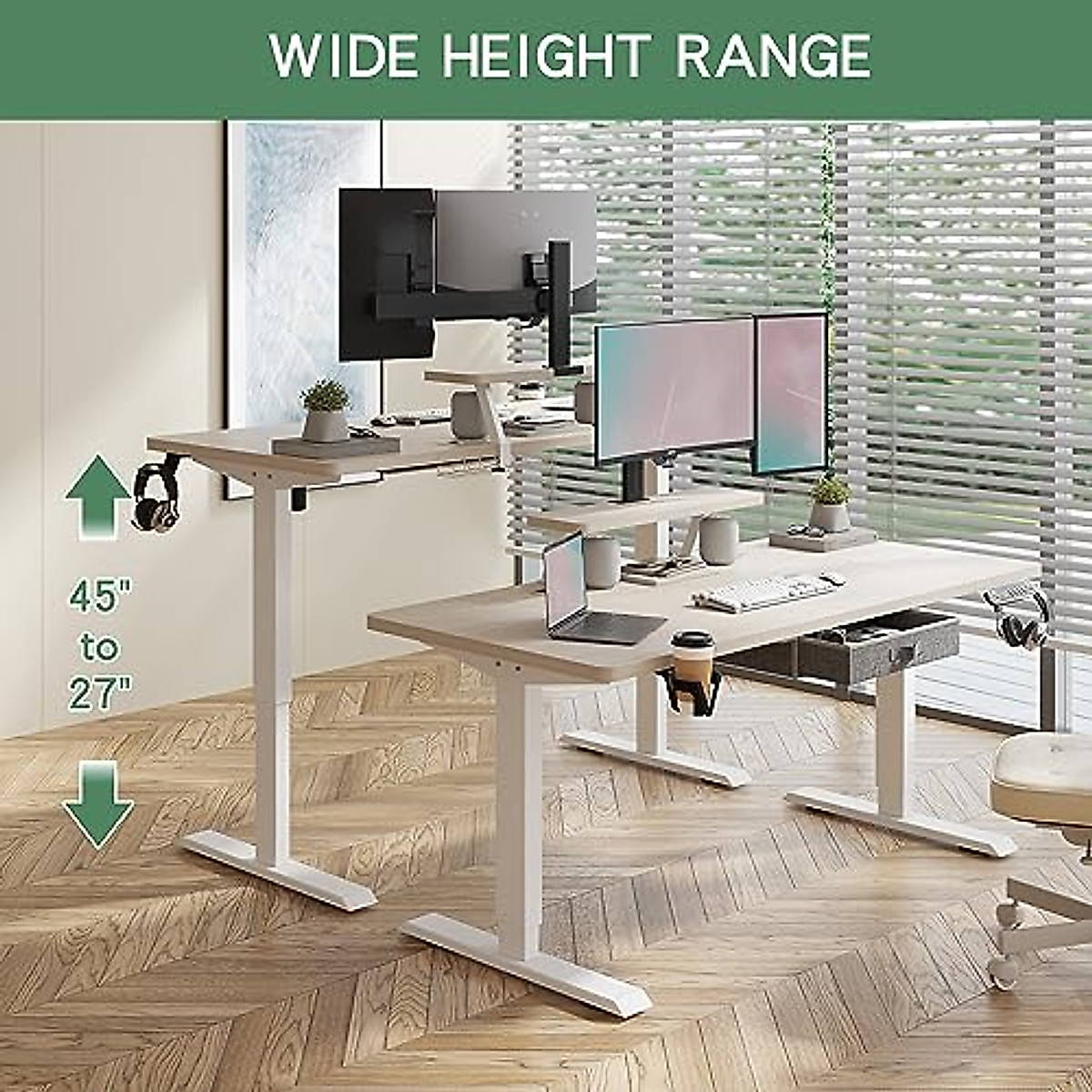 BUNOEM Height Adjustable Electric Standing Desk with One Drawer, Table with Storage Shelf, Sit & Stand Home Office Desk with Storage Space (Oak, 63x30)