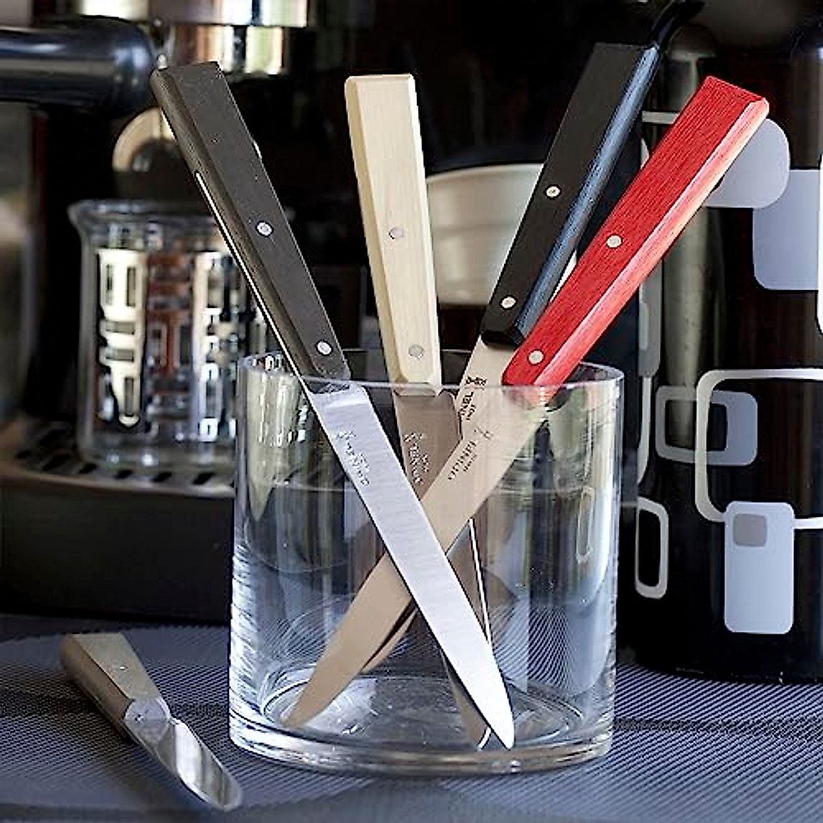 Opinel No. 125 Table Knives, 4 Piece Set, High Carbon Steel Dinner Knives for Parties, Entertaining, or Everyday Use, Painted Hornbeam Handles, Made in France (POP),ys/m,254225