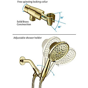 G-Promise Luxury High Pressure 5“ Face 6 Setting Detachable Handheld Shower Head with Extra Long Flexible Metal Hose(70” Stretches to 75”), Adjustable Metal Holder, Polished Brass Finish (2.5GPM)