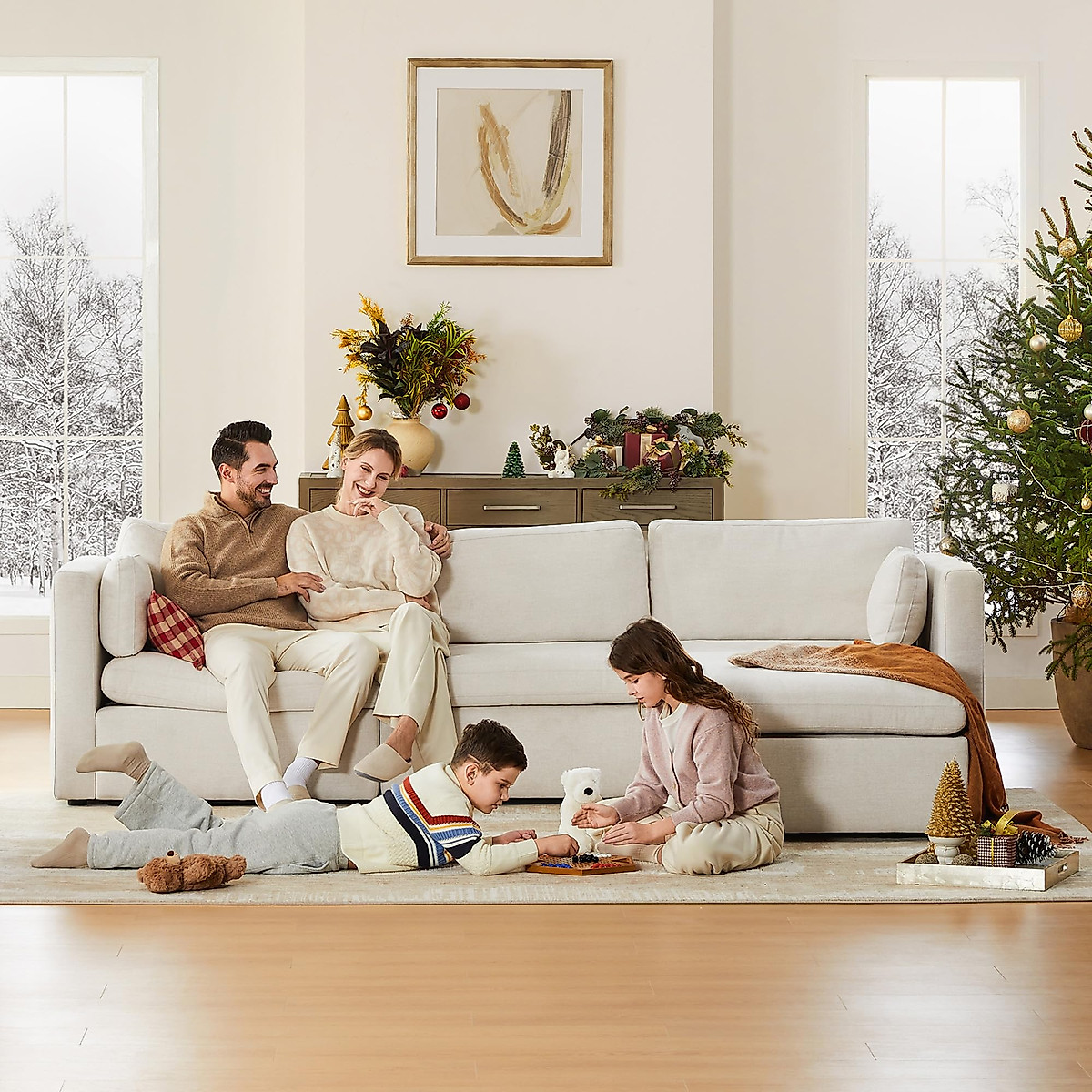 CHITA Oversized Modular Sectional Fabric Sofa Set, FSC Certified Extra Large L Shaped Couch Reversible Chaise Modular Sectional Couch, 112 inch Width,4 Seat Modular Sofa with Storage Ottoman, Linen