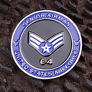 Air Force Senior Airman E4 Challenge Coin! United States Air Force Senior Airman Rank Military Coin. E-4 USAF Challenge Coin! Designed by Military Veterans - Officially Licensed Product!