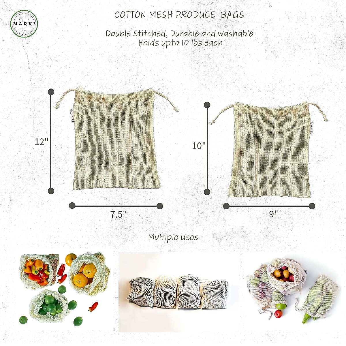 MARVI TOTE BAG - Juco/Burlap Shopping, Beach, Travel Bag, Gift | Eco-friendly, Reusable | Cotton Mesh Drawstring Grocery Bags (1 Pack)