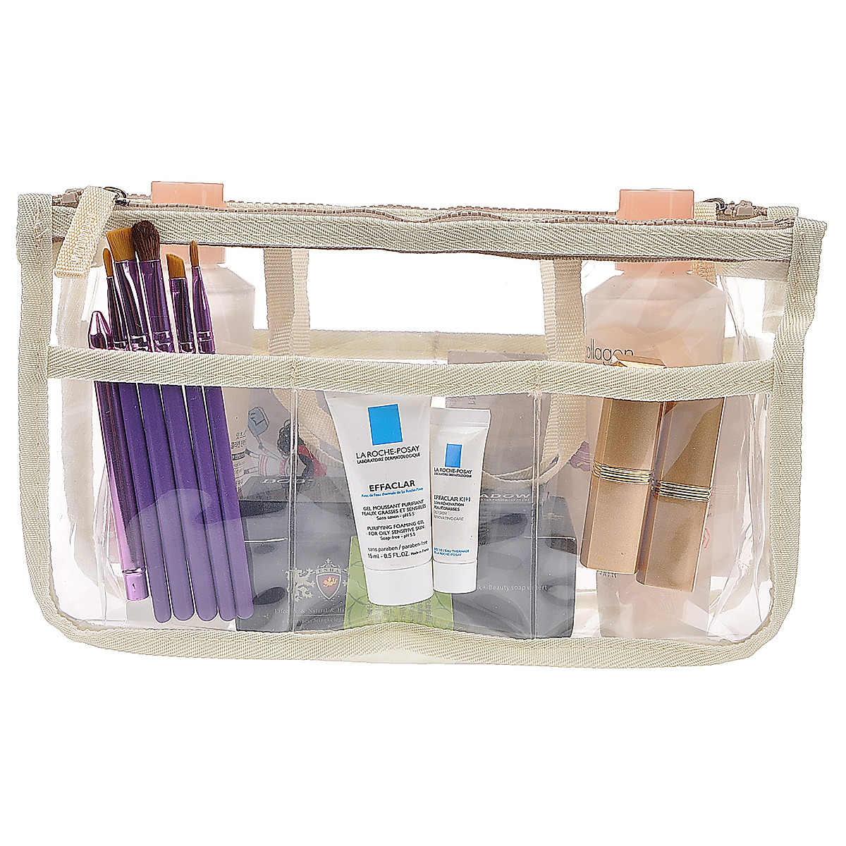 Vercord Translucent Purse Handbag Tote Pocketbook Bag Organizer Insert with Zipper Handle for Women Medium Beige