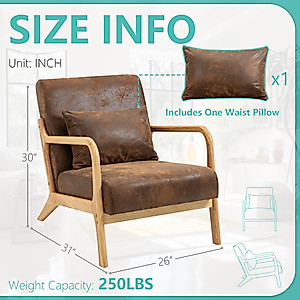 Dolonm Modern Accent Chair with Wood Frame, Crazy Horse PU Leather Chair with Waist Cushion, Armchair for Living Room, Bedroom, Game Room, Home Office or Lounge, Brown PU