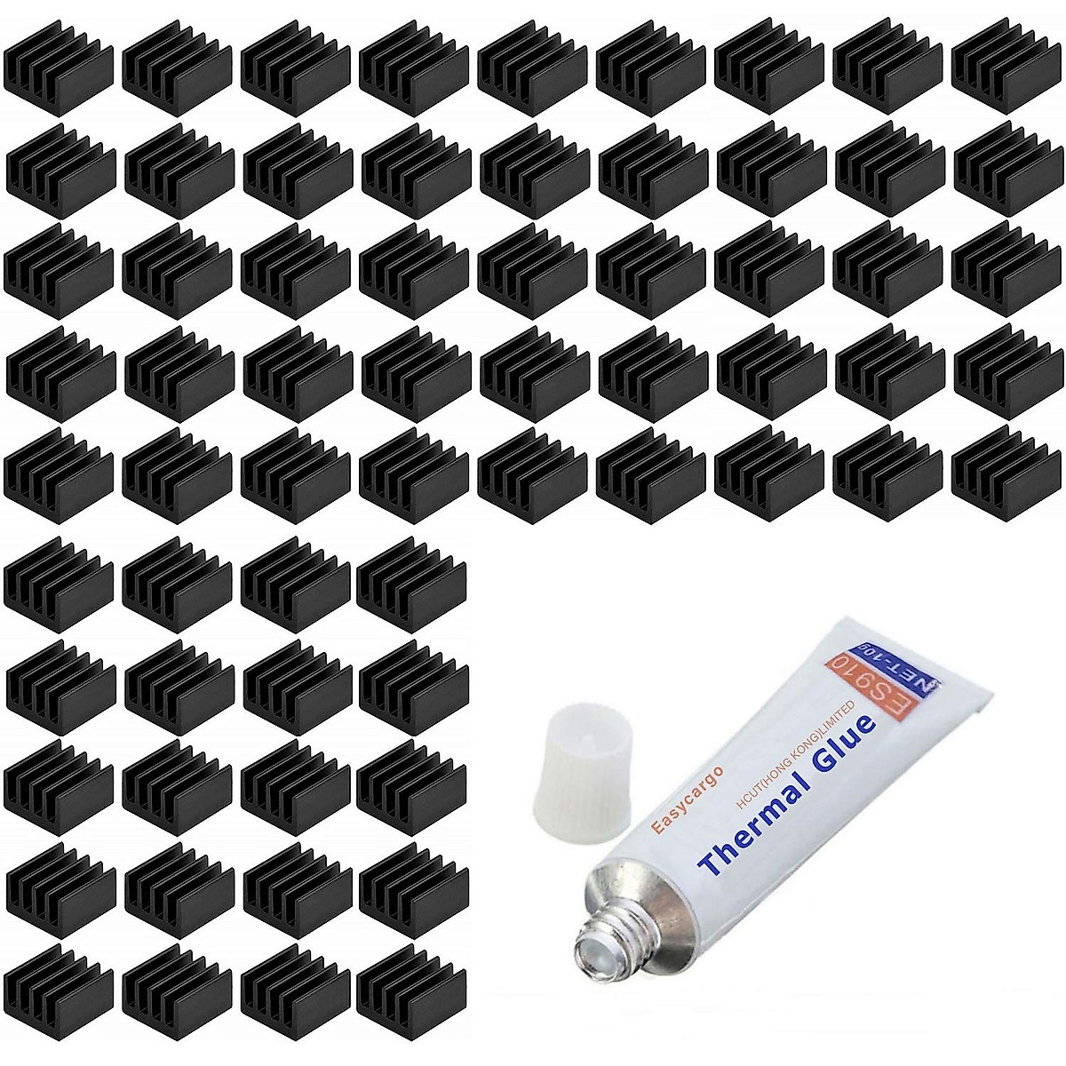 Easycargo 100pcs VRM 9mm Heatsink Kit + 10g Thermal Conductive Adhesive Silicone Glue, Small mini cooler Heat Sink for cooling VRM GPU Motherboard Stepper Driver MOSFET Voltage Regulators 9mmx9mmx5mm
