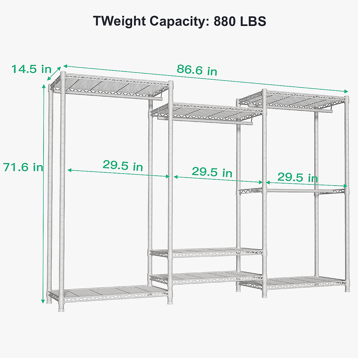 Ulif E8 Heavy-Duty Garment Rack, Freestanding Extra Large Clothes Rack with 7 Wire Shelves and 4 Hanger Rods, Closet Organizers and Storage, 86.6" W x 14.5" D x 71.2" H, Max Load 880 LBS, White