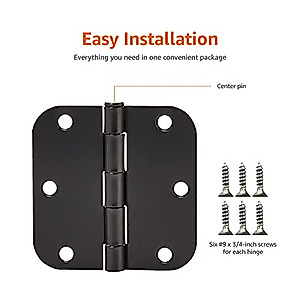 Amazon Basics Rounded 3.5 Inch x 3.5 Inch Door Hinges, 18 Pack, Matte Black
