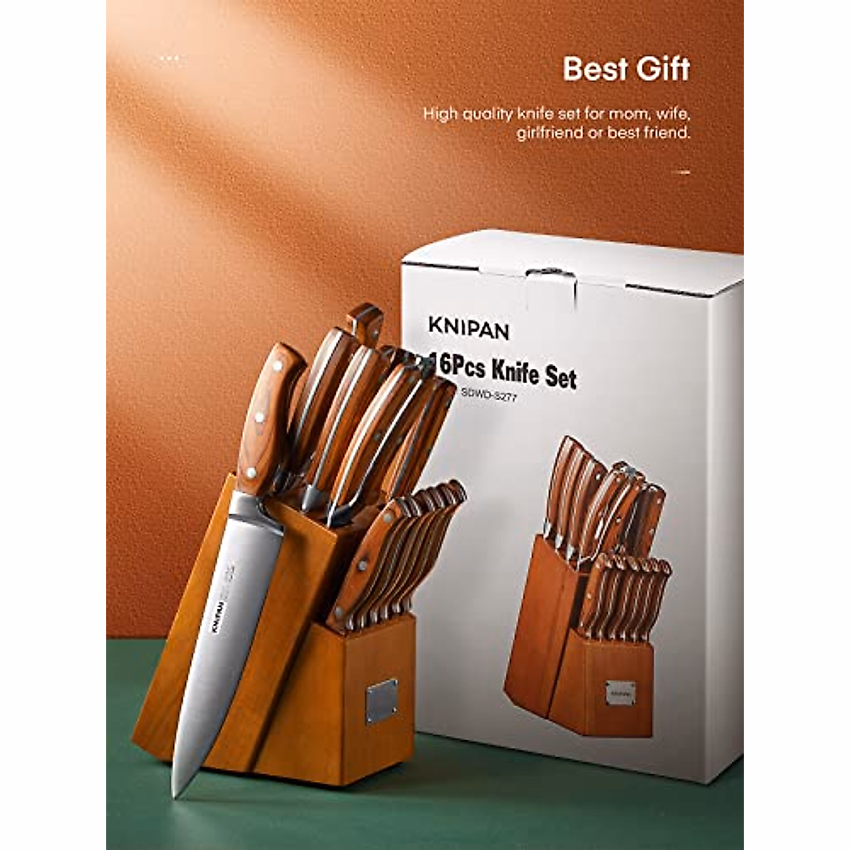 Knipan Kitchen Knife Sets with Block, 16PCS Professional Stainless Steel Forged Chef Knife Block Set, Ultra Sharp Knives with Wood Handle, Brown