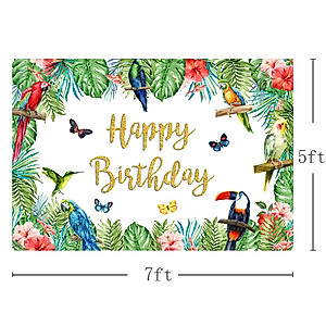 MEHOFOND 7x5ft Tropical Bird Birthday Backdrop Summer Toucan Palm Leaves Gold Glitter Happy Birthday Banner Photography Background Parrot Hummingbird Luau Decoration Photobooth Props