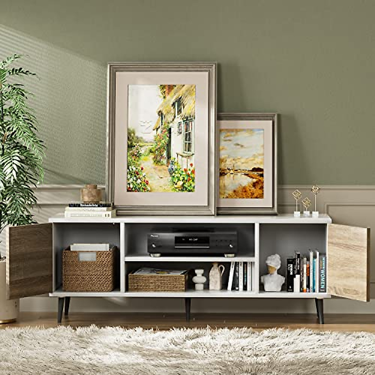 YESHOMY Modern TV Stand for 65" Television, Entertainment Center with Two Storage Cabinets, Retro Style Media Console for Living Room, Bedroom, Office, 58 Inch, White and Coffee