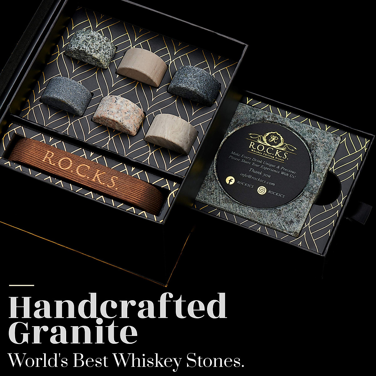 Whiskey Stones Gift Set with Cigar Cutter & Cigar Ashtray - 6 Handcrafted Round Stones, Presentation & Storage Tray - Luxurious Whiskey & Cigar Accessories Gold Foil Gift Box by R.O.C.K.S.