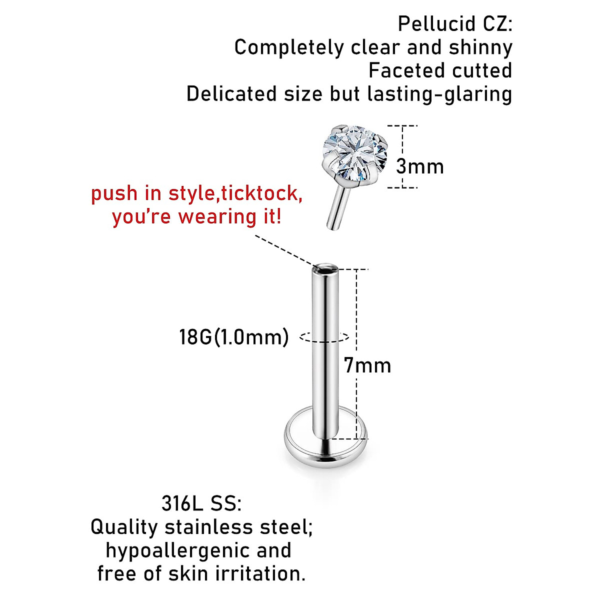 Kridzisw 18G Theadless Push in Nose rings Stud Piercing Jewelry for Women Surgical Stainless Steel Silver Flat Back Cartilage Tragus Helix Earrings Lip Labret Ring Stud Pin Piercings Jewelry Men 6mm