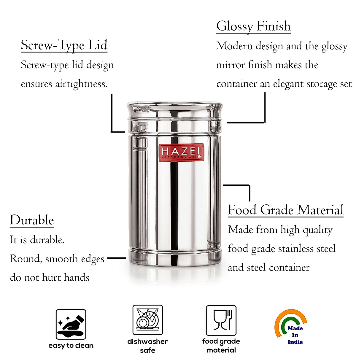 HAZEL Stainless Steel Container Set | 1200 ml Set of 5 Steel Container for Kitchen Storage Set | Air Tight Containers for Kitchen Storage | Ideal for Storing Rice, Cereal, Pulse, Snacks.