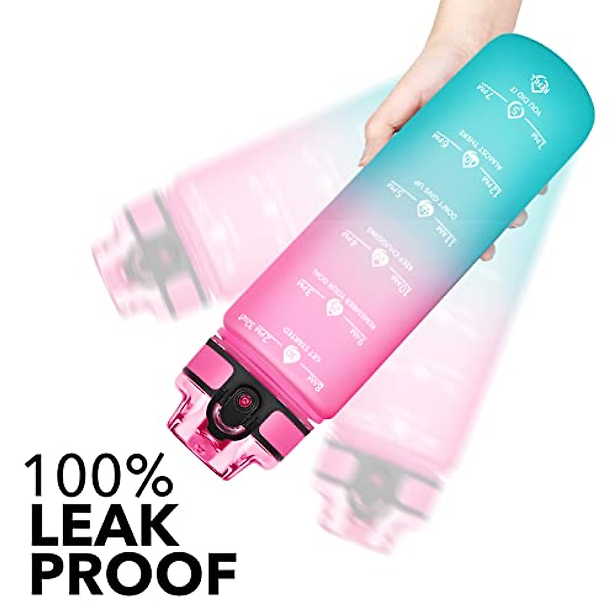 GOSWAG 32oz Motivational Water Bottles with Time Marker & Fruit Strainer with Times to Drink, Leakproof & BPA Free, Reusable Plastic Sports Bottle with Strap no Straw for Gym & School