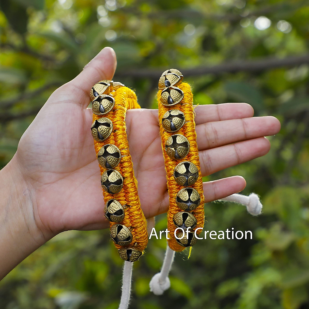 Art Of Creation Dancing Ghungroo Big Bells Pair 1 Lines Anklet Handmade Musical Instrument Classical Bharatnatayam Kuchchipudi Ghungru (Yellow Paded 20 Bell)