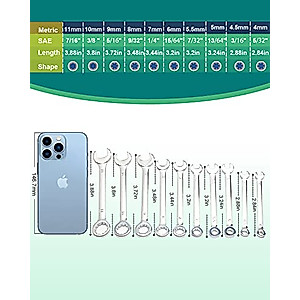 VICRING Small Wrench Set 20 Pcs Mini Wrench Set Metric SAE Ignition Wrench Set Open and Box End Wrench Set Combination Wrench Sets with Storage Pouches and Key Chains, 4mm-11mm & 5/32"-7/16" (Silver)