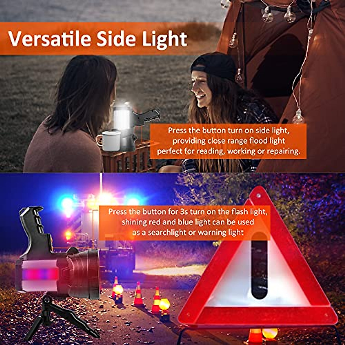 Samyoung Spotlight 120000 Lumen Super Bright, 10000 mAh 30 Hours LED Rechargeable Flashlights, IP65 Waterproof Rechargeable Spotlight Come with Collapsible Tripod & Strip for Hunting Boat Camping