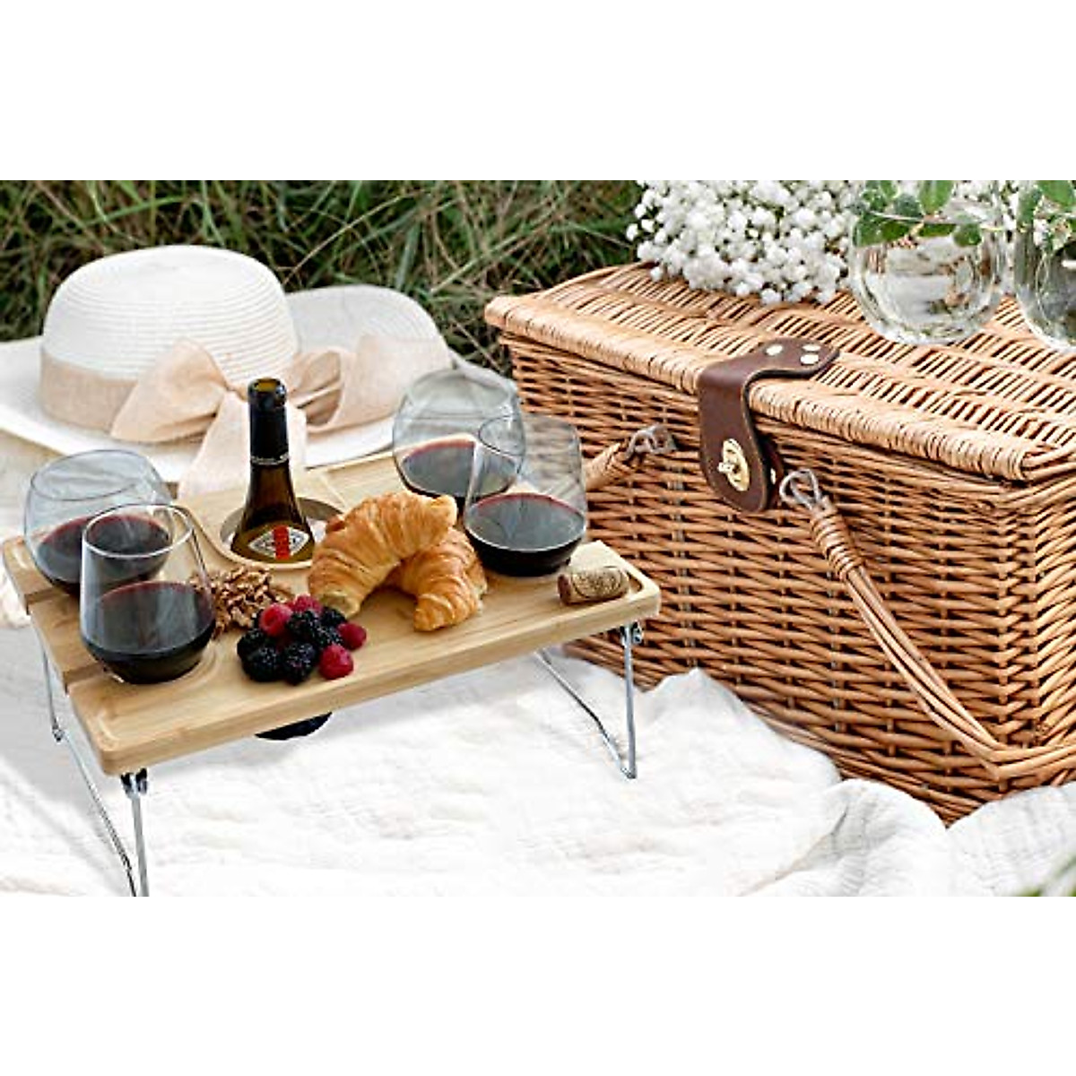 Comfort Theory Bamboo Wine Picnic Table | Collapsible Tray for Indoor & Outdoor Use | Perfect Wine Lover Gift | Folding Table with Wine Glass & Hard Seltzer Can Holders | Wine & Cheese Server