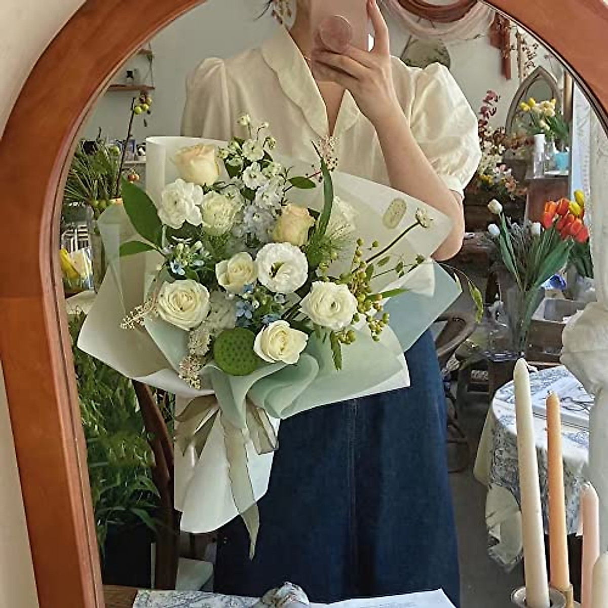 BBJ WRAPS Hand-drawn Tissue Flower Wrapping Paper Korean Non-woven Waterproof Floral Bouquet Wraps for Florist Packaging Arrangement, 23x18 Inch - 50 Sheets (Black)