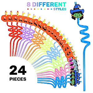 24 Pack of Cocktail Stirrers Curved Straws, Clear Reusable Pumpkin Witch Spider Pattern Drinking Straws for Halloween Party Decoration Supplies Birthday Party Favors, 8 Styles