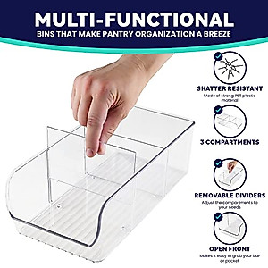ELTOW 6 Pack Snack Organizer for Pantry, 3 Compartment Plastic Pantry Organizer Bins with Removable Dividers, Chip Organizer for Pantry, Food Packets, Spices, Condiments, Fridge, Cabinet, Kitchen