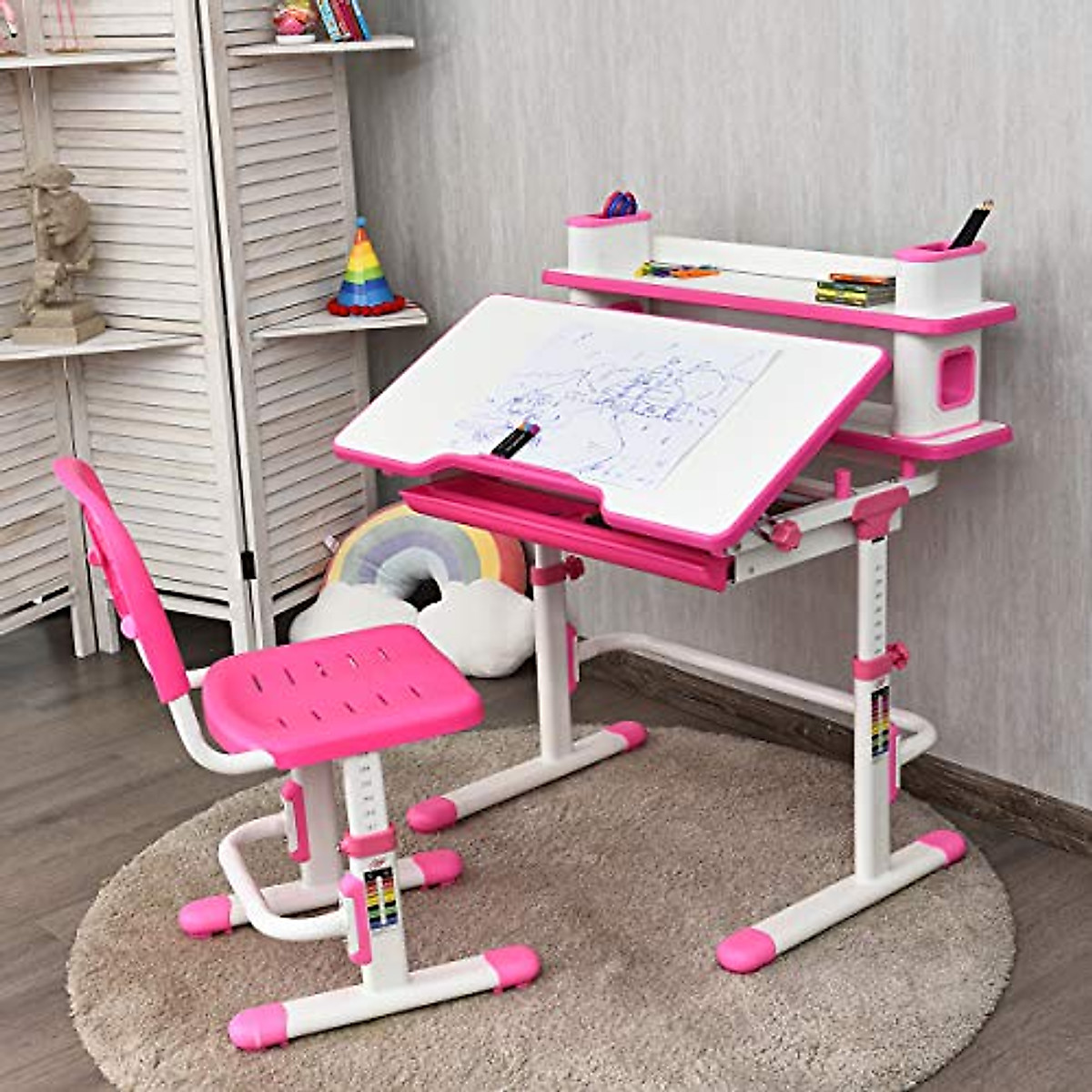 BABY JOY Kids Desk and Chair Set, Height Adjustable, Student Study Table with Storage Drawer, Bookshelf and Tilted Desktop, Children Writing Table for Studying, Reading and Drawing (Pink)