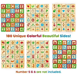 Oaktown Supply Building Blocks for Toddlers 1-3 Years Old, 30 Large Stackable Wooden Baby Blocks with Alphabet and Number Icons on Every Side, Toy Wagon Included﻿