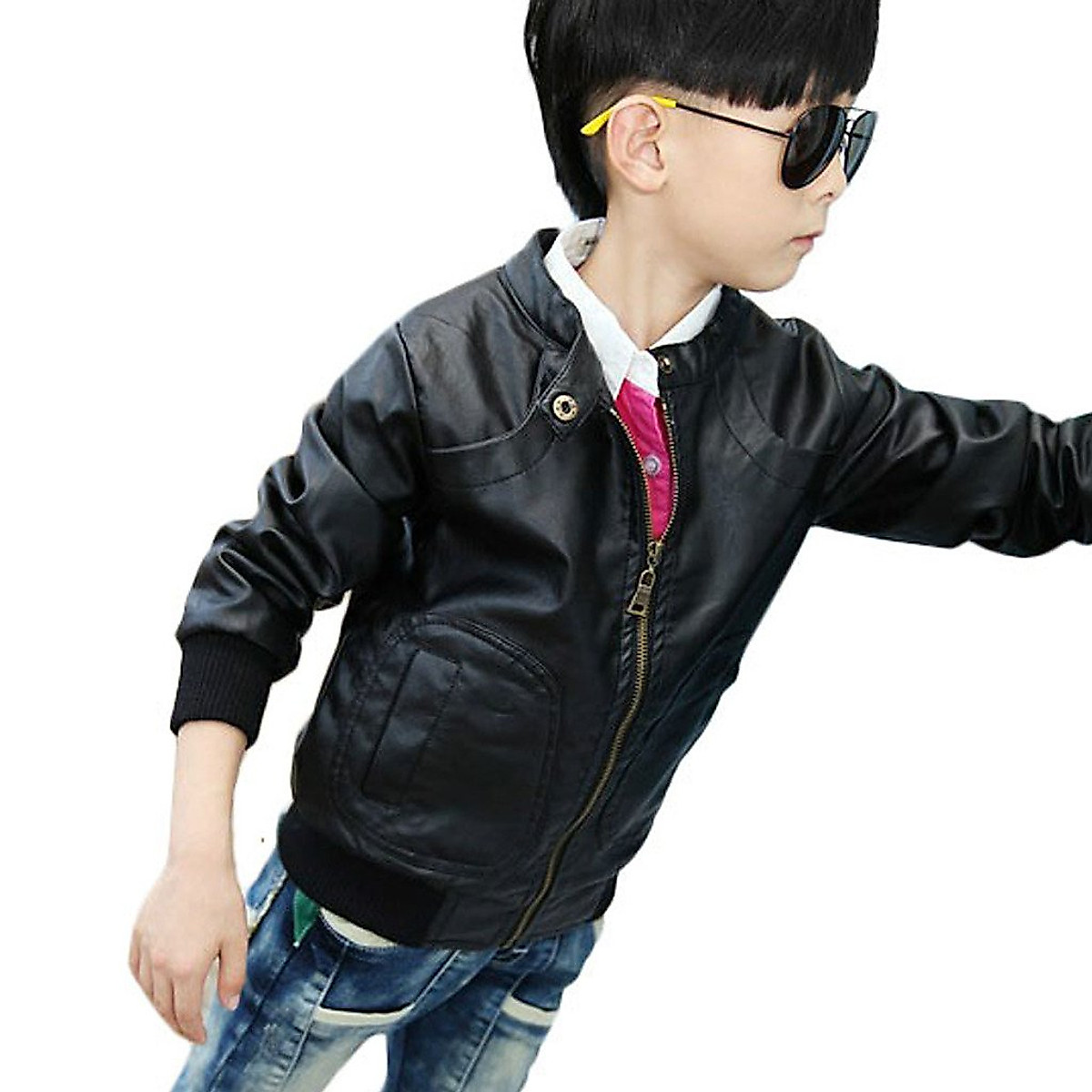 Chinaface Boy's Trendy Stand-Collar PU Leather Spring Moto Jacket Black, 7/8T