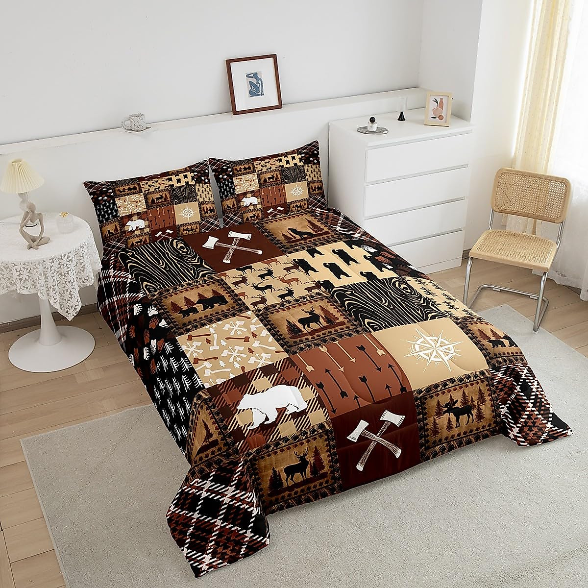 Bear Comforter Set Cute Elk Print Bedding Set for Teens Farmhouse Wild Animals Style Bedding Set Plaid Grid Geocmetric Brown Black Duvet Set Room Decor 2Pcs with 1 Pillow Case Twin Size
