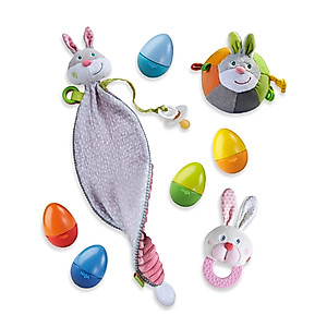 HABA Ultimate Easter Basket Toy Bundle - Musical Eggs, Bunny Teether, Hops Cuddly Lovey and Bunny Ball