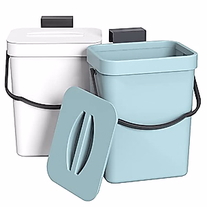 Frcctre 2 Pack Plastic Waste Bin, 3L/0.8 Gal Wall Mounted Garbage Can, Small Compost Bin with Lid for Kitchen Cabinet Door, Counter Top, Under Sink, Bedroom, Bathroom, White+Blue